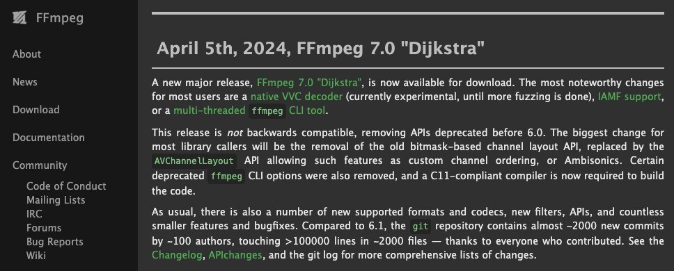 FFmpeg 7.0 "Dijkstra"がリリース | ソフトアンテナ