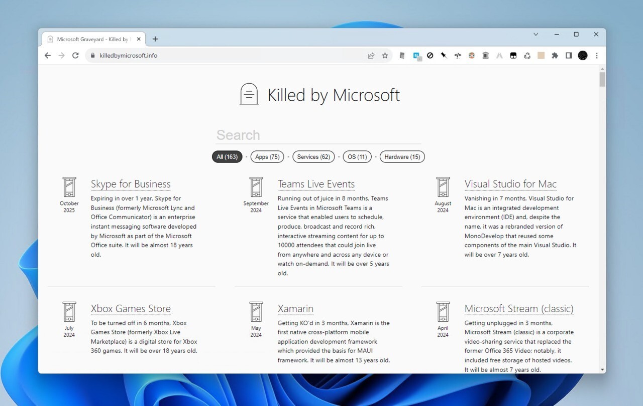 Killed by Microsoft - Microsoftが墓場送りにしたソフトウェアやハードウェアを確認できるWebサイト | ソフトアンテナ