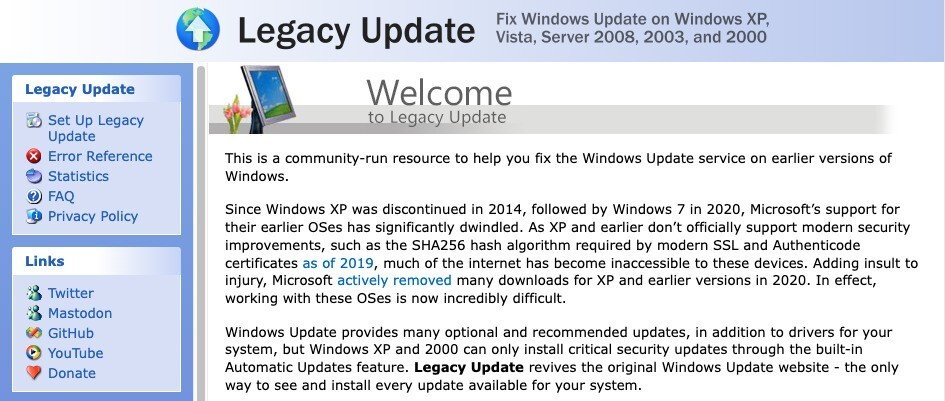 Legacy Update Windows Xp Vista 7等のwindows Updateを修正するコミュニティサイト ソフトアンテナ
