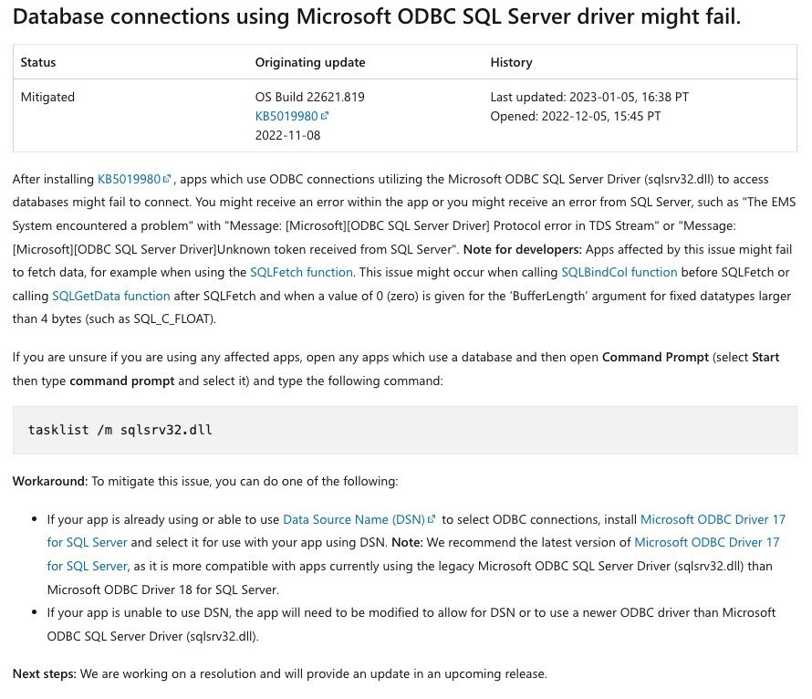 Microsoft、ODBCデータベース接続問題の回避策をようやく提供 | ソフトアンテナ