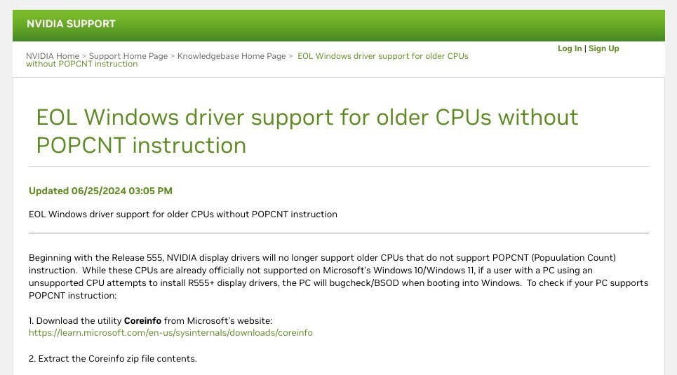 POPCNT非対応のCPUを搭載したPCに最新のNvidiaドライバーをインストールするとBSODが発生する | ソフトアンテナ