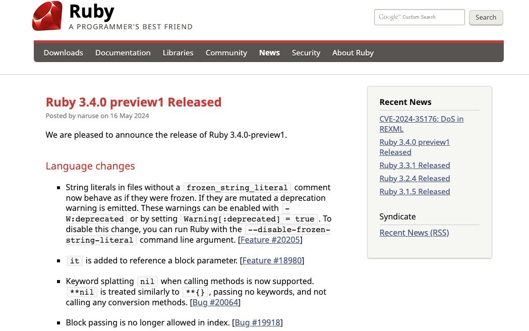 Ruby 3.4.0 preview1がリリース - 言語機能の改良やコアクラスの更新など | ソフトアンテナ