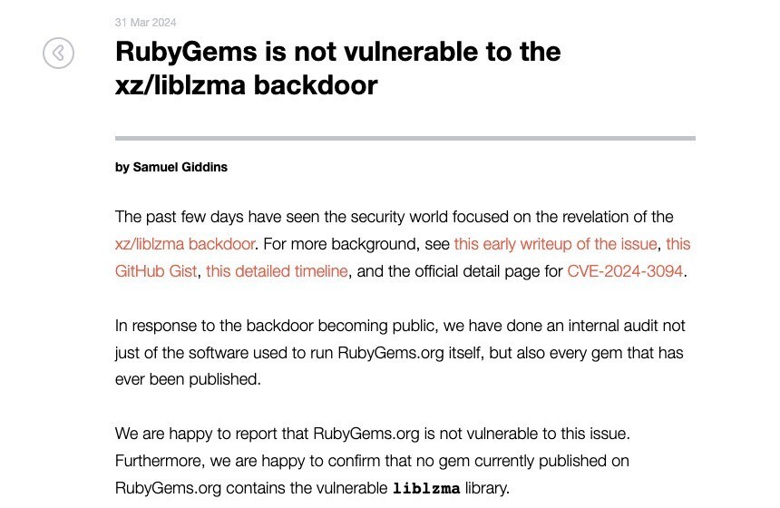 【朗報】RubyGemsはxz/liblzmaバックドアの脆弱性に影響されていない事が判明 | ソフトアンテナ