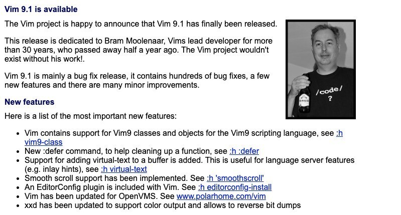 Vim 9.1がリリース - Vimを生み出したBram Moolenaar氏に捧げる新バージョン | ソフトアンテナ