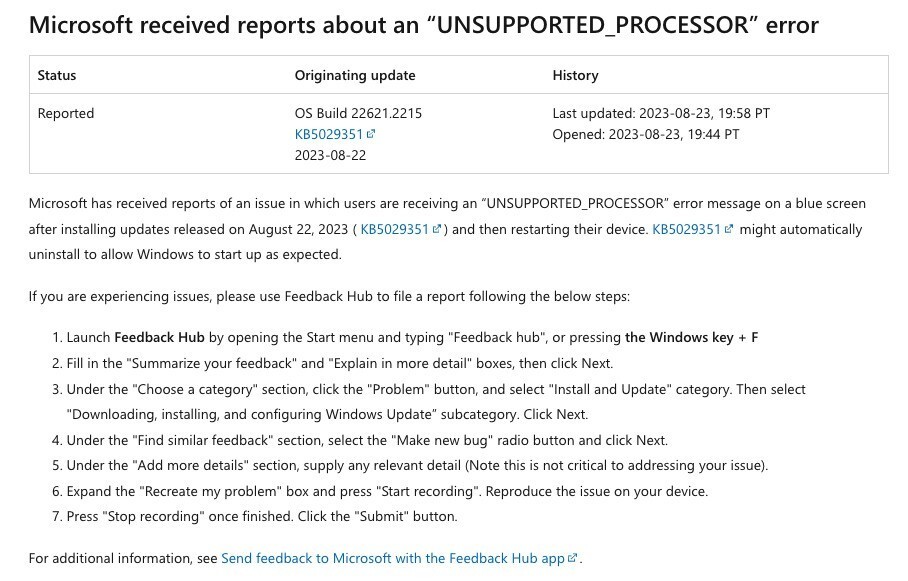 Windows 11/10のプレビューパッチでブルースクリーン「Unsupported Processor」が発生し、更新プログラムが撤回 | ソフトアンテナ