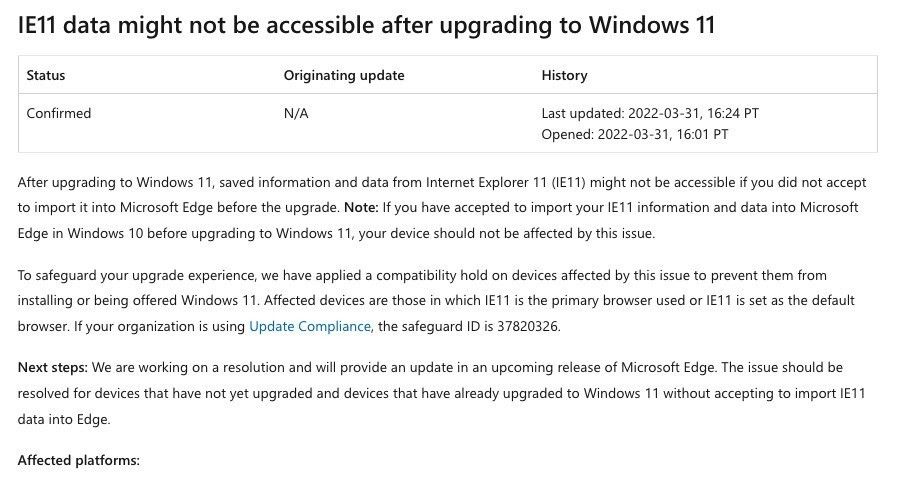 Microsoft、IE 11の既知の問題によりWindows 11へのアップグレードブロックを追加 | ソフトアンテナ