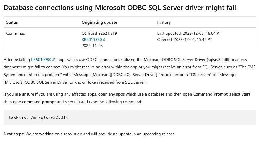 Windows 11 Version 22H2にODBCデータベース接続が失敗する既知の不具合が存在 | ソフトアンテナ