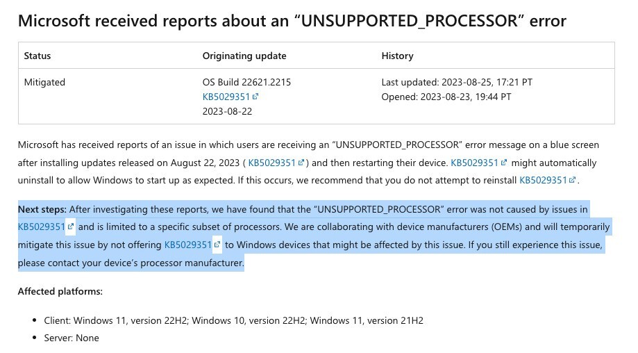 Microsoft、Windowsのオプションアップデート適用後にブルースクリーン「UNSUPPORTED_PROCESSOR」が発生する問題に関し、追加情報を提供 | ソフトアンテナ